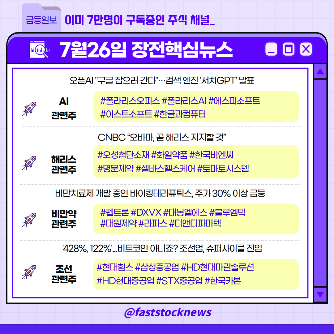 7월 26일 금 급등일보 돈이 될 장전뉴스 And 관심종목 폴라리스오피스 폴라리스ai 에스피소프트 오성첨단소재